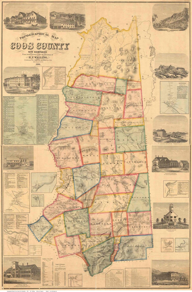 Coos County, New Hampshire 1861 - Old Wall Map Reprint With Homeowner ...