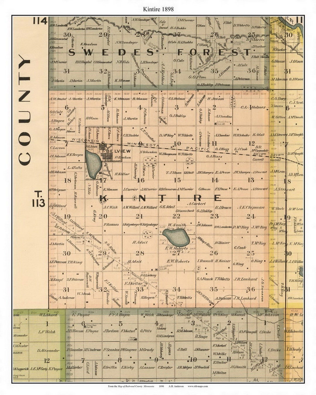 Kintire 1898 - Belview - Old Town Map With Homeowner Names Minnesota ...