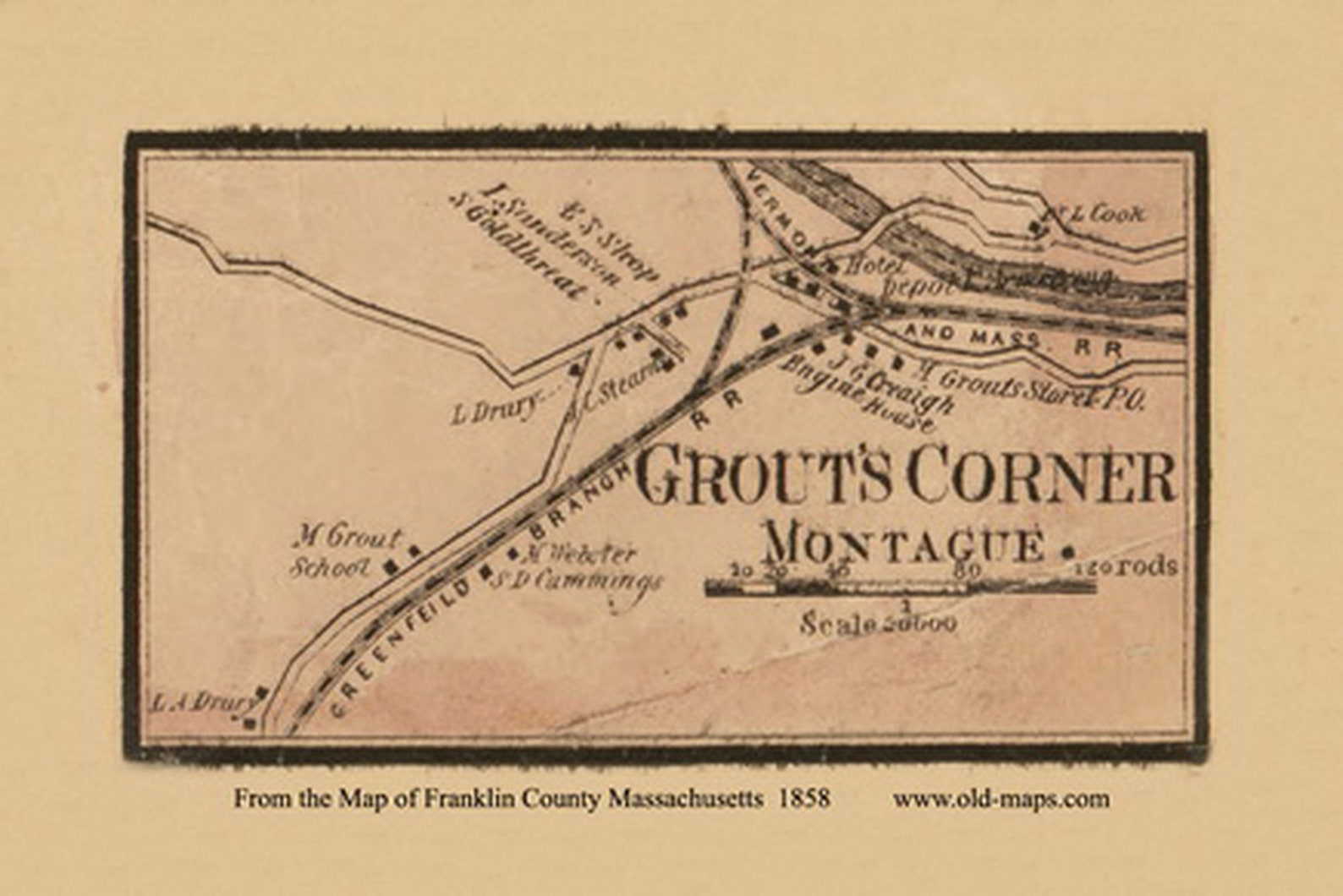 Grout's Corner 1858 Old Town Map With Homeowner Names Montague ...
