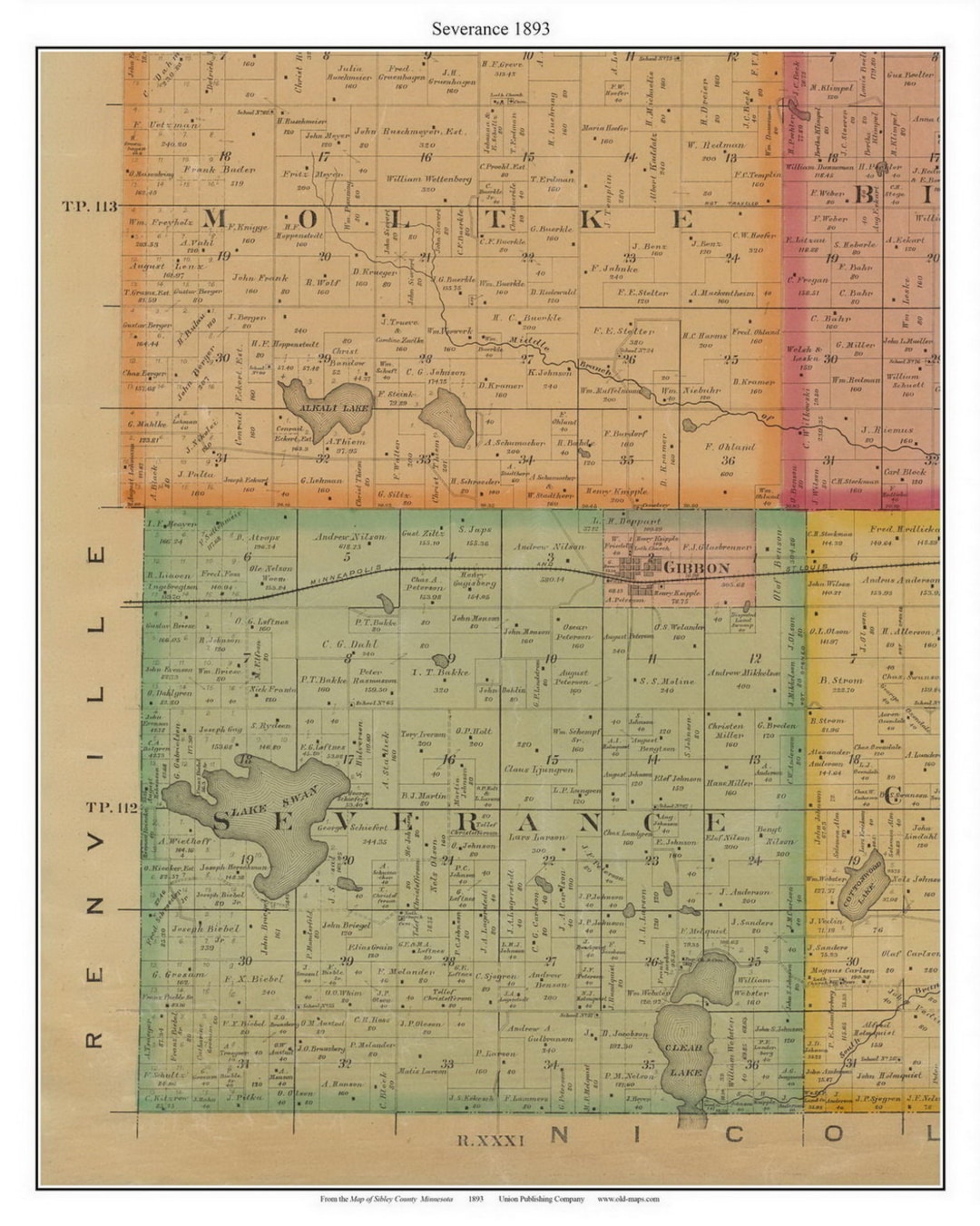 Severance 1893 - Old Town Map With Homeowner Names Minnesota - Gibbon ...