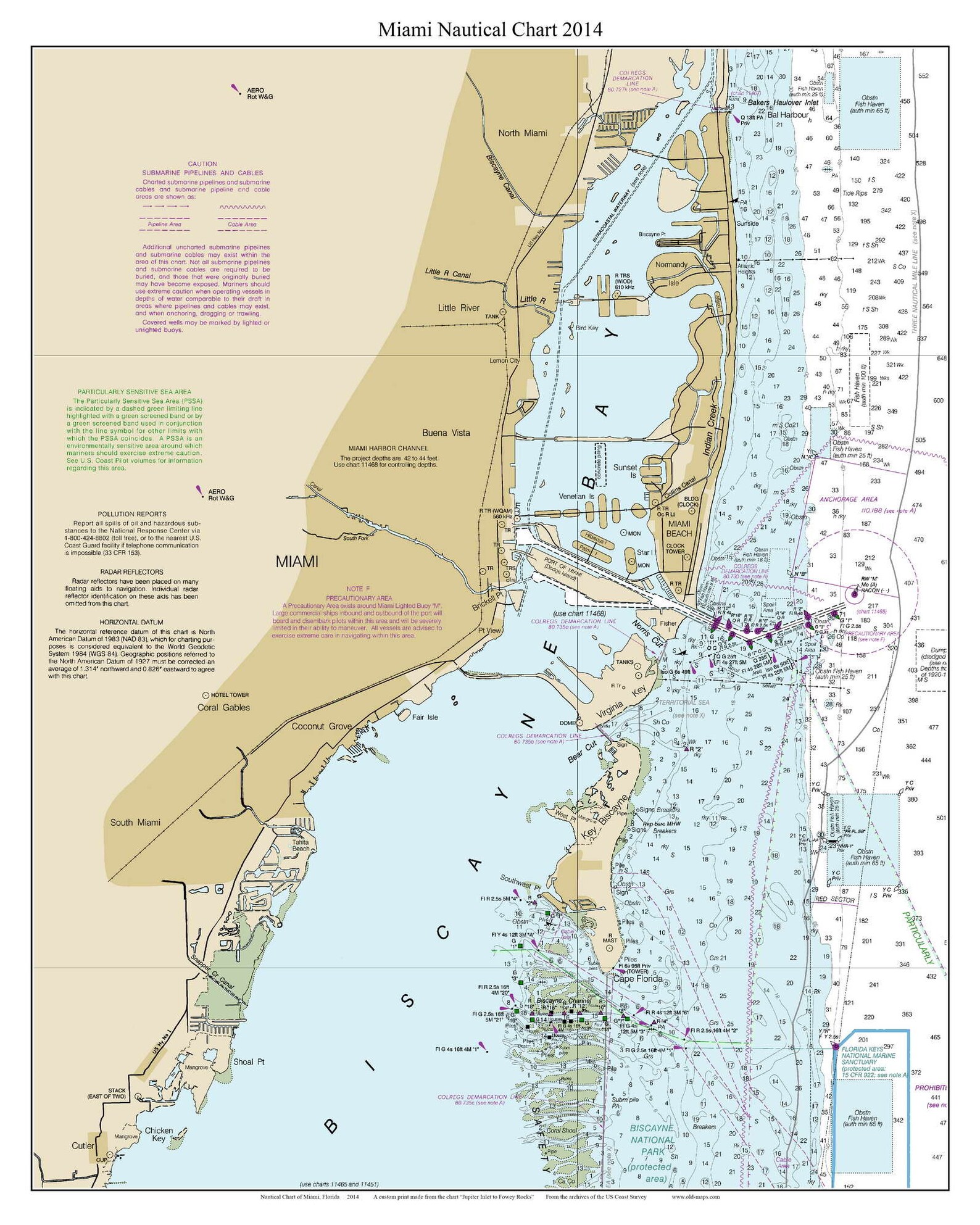 Miami 2014 Nautical Map Florida Custom Print 1:80000 - Etsy