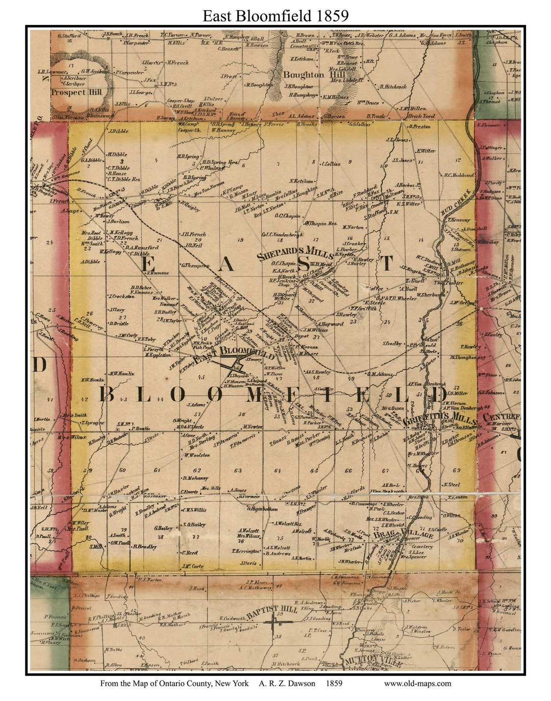 East Bloomfield 1859 Old Town Map With Homeowner Names New York ...