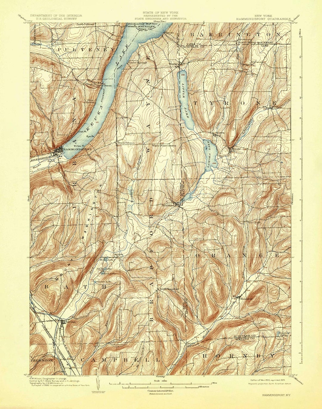Hammondsport 1903 (1925) ED Old Topo Map Keuka Lake Lamoka Lake Savona ...