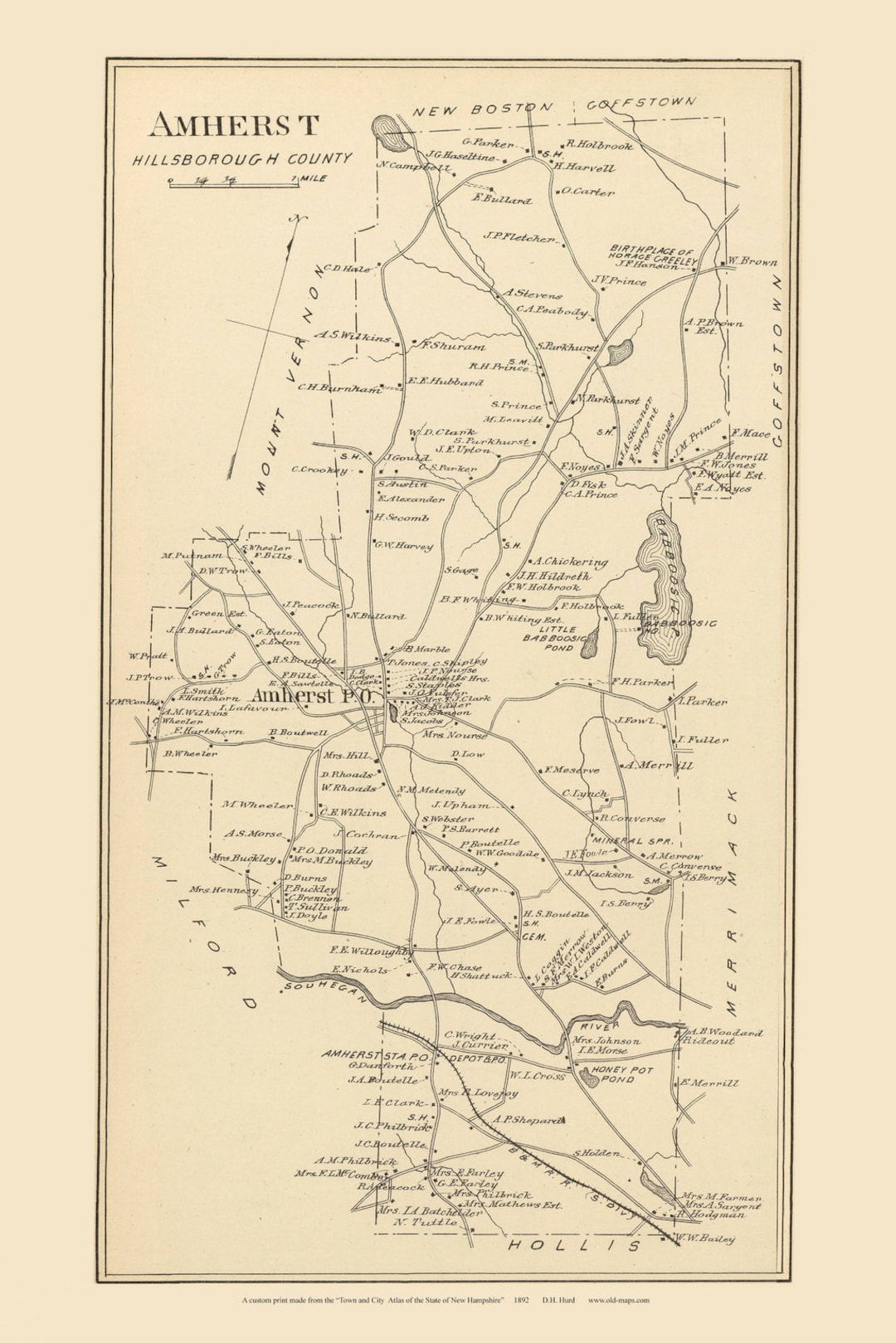 Amherst, New Hampshire 1892 Old Town Map CUSTOM Reprint - Hurd State ...