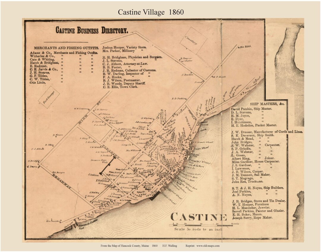 Castine Village 1860 Old Town Map With Homeowner Names Maine - Reprint ...