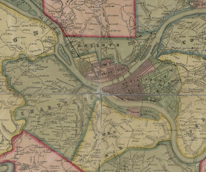 Allegheny County Pennsylvania 1851 - Old Wall Map With Homeowner Names ...