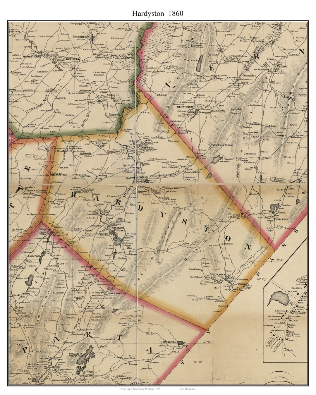 Hardyston 1860 Old Town Map With Homeowner Names Franklin Furnace ...