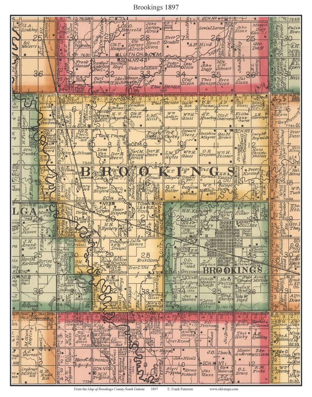 Brookings 1897 Old Town Map With Homeowner Names South Dakota Brookings ...