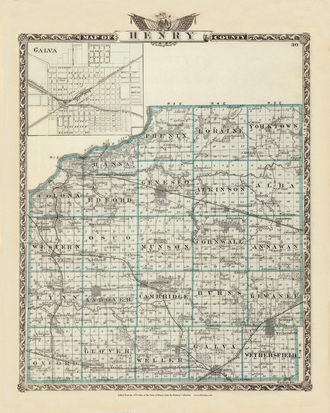 Henry County Illinois 1876 Map Galva Reprint With Homeowner Names ...