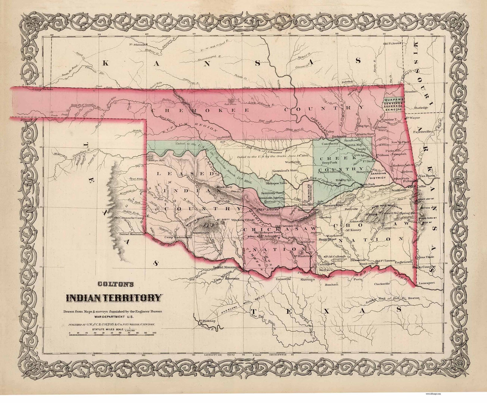 Oklahoma Indian Territory 1869 Old Map Reimpresión estatal - Etsy España
