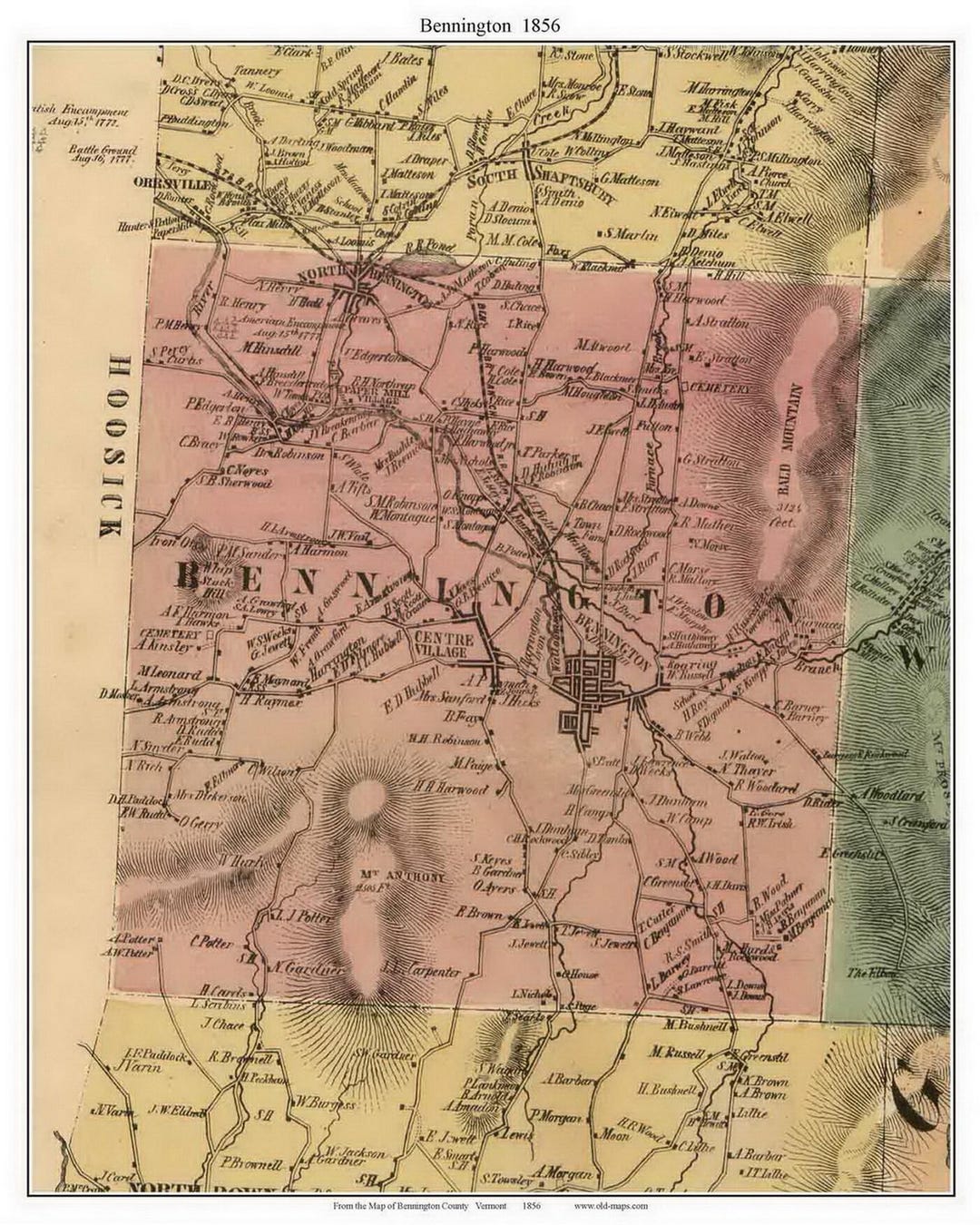 Bennington 1856 Old Town Map With Homeowner Names - Vermont Bennington ...