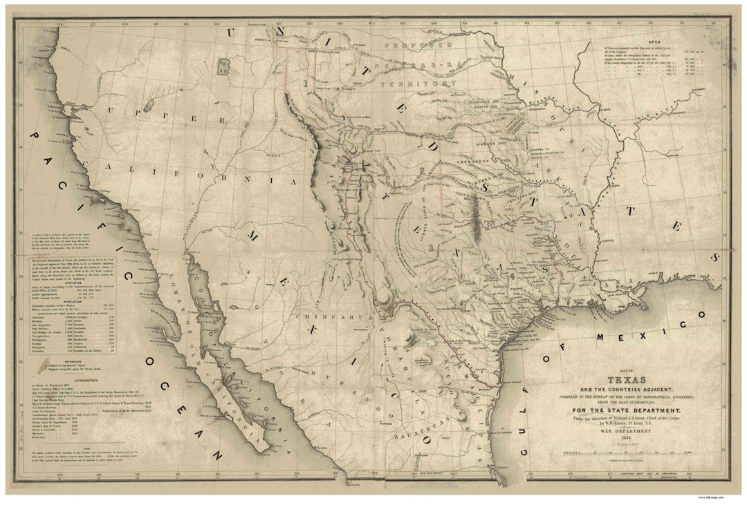 Texas - 1844 State Map - U.S. Topographical Bureau - One Year Before ...