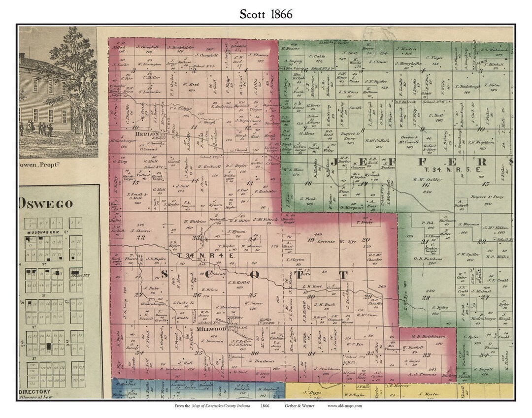 Scott 1866 Old Town Map With Homeowner Names Indiana Heplon Millwood ...