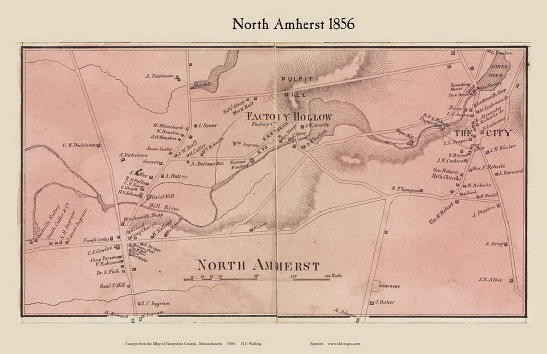 North Amherst 1857 Old Town Map With Homeowner Names Massachusetts ...