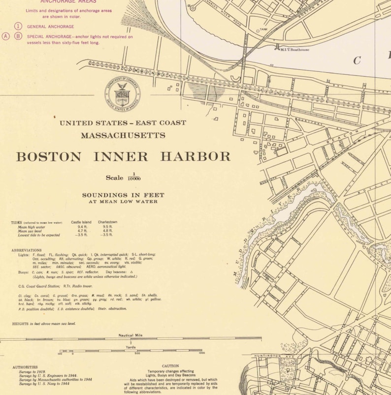 Boston Inner Harbor MA 1945 Nautical Map Reprint Harbors | Etsy