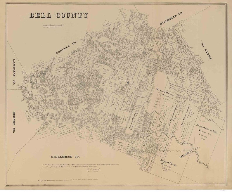 Bell County Texas 1879 Old Wall Map Reprint With Land - Etsy