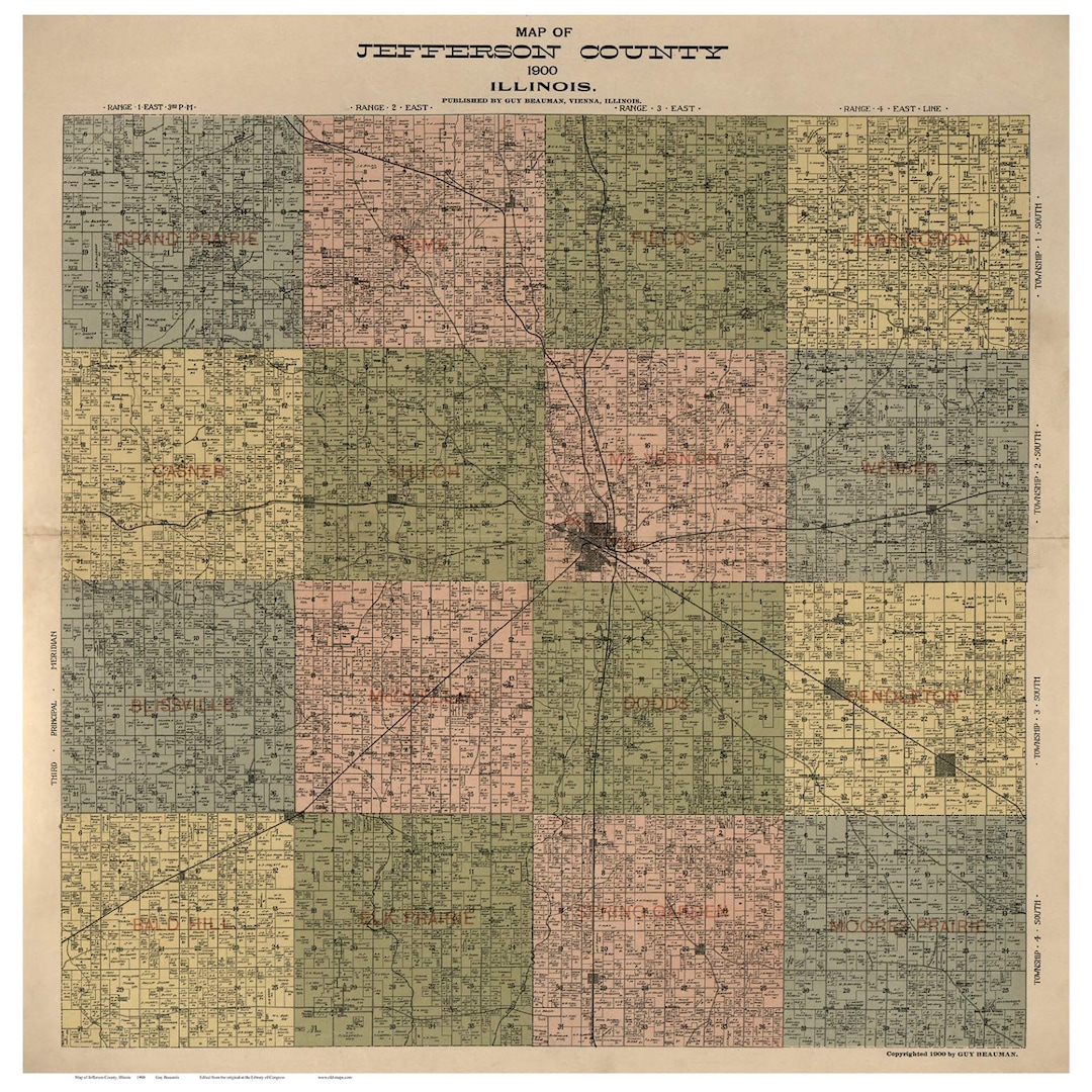 Jefferson County Illinois 1900 - Old Wall Map Reprint With Landowner ...