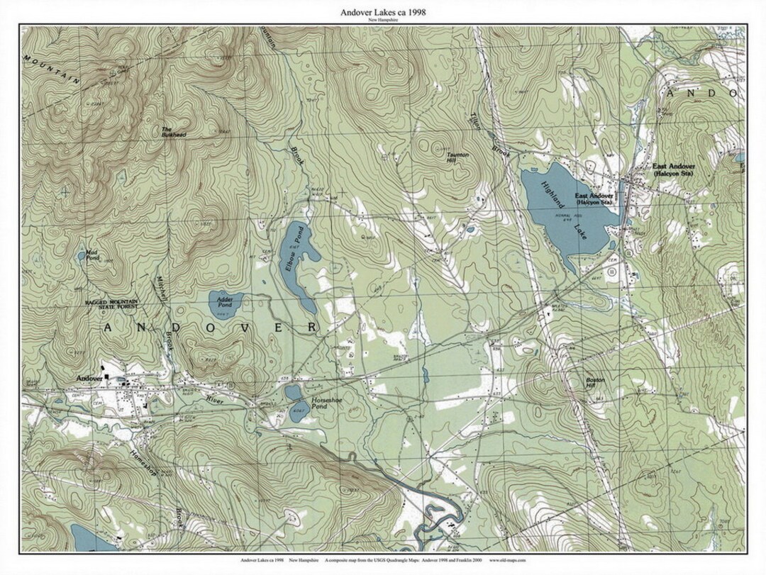Andover Lakes 1998 Old Topographic Map Elbow Pond Highland Lake USGS ...