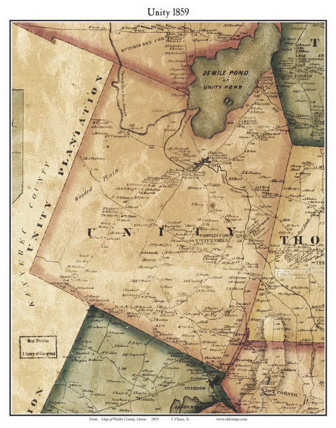 Unity 1859 Old Town Map With Homeowner Names Maine 25 Mile Pond Unity ...