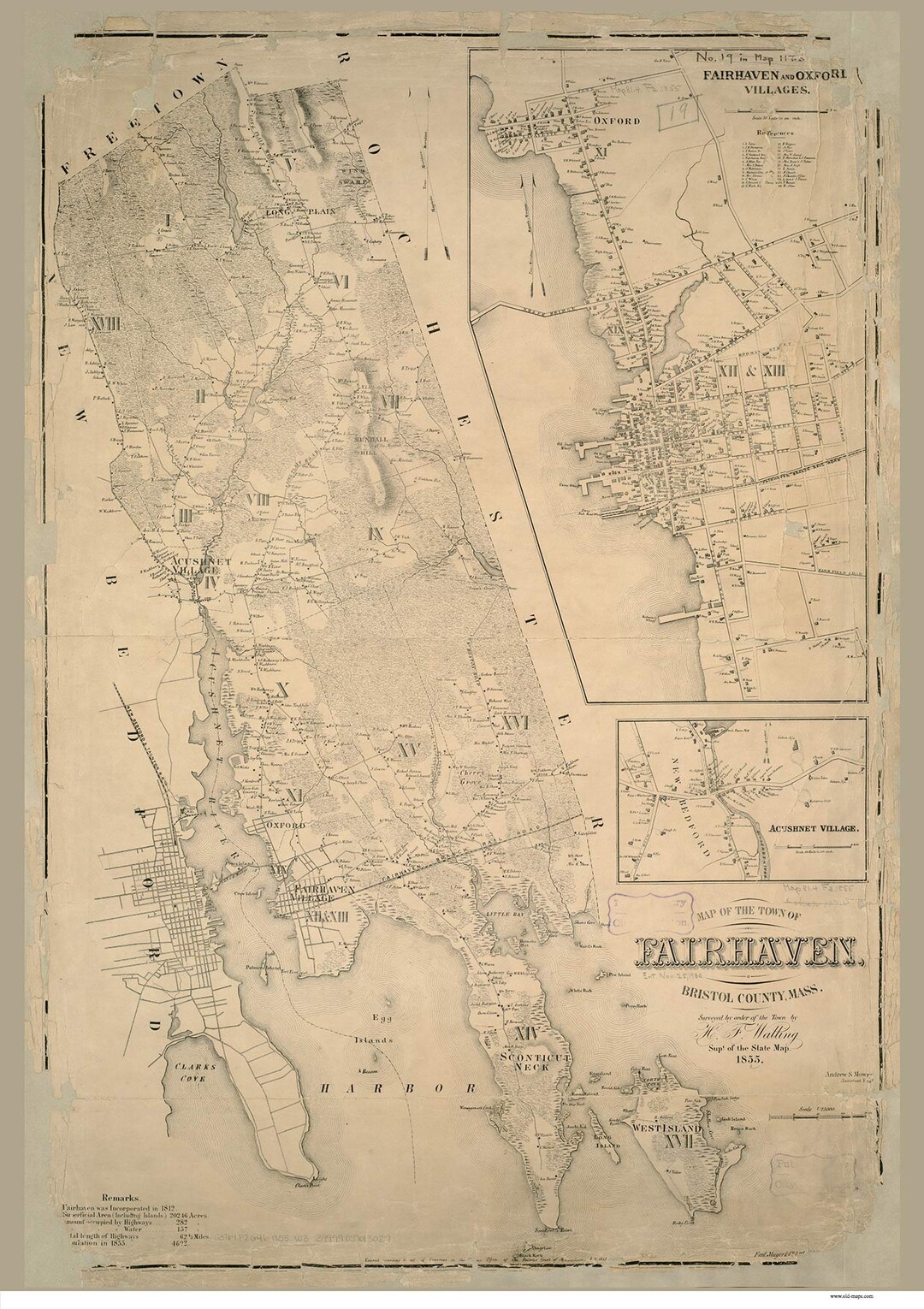 Fairhaven 1855 - Old Town Map - Homeowner Names Massachusetts - Bristol ...
