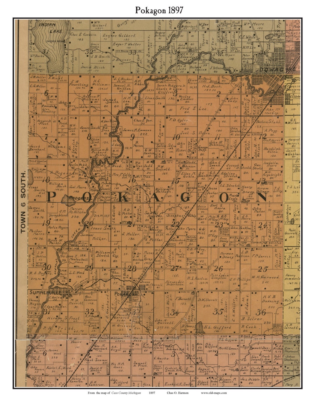 Pokagon 1897 Old Town Map With Homeowner Names - Summerville - Michigan ...
