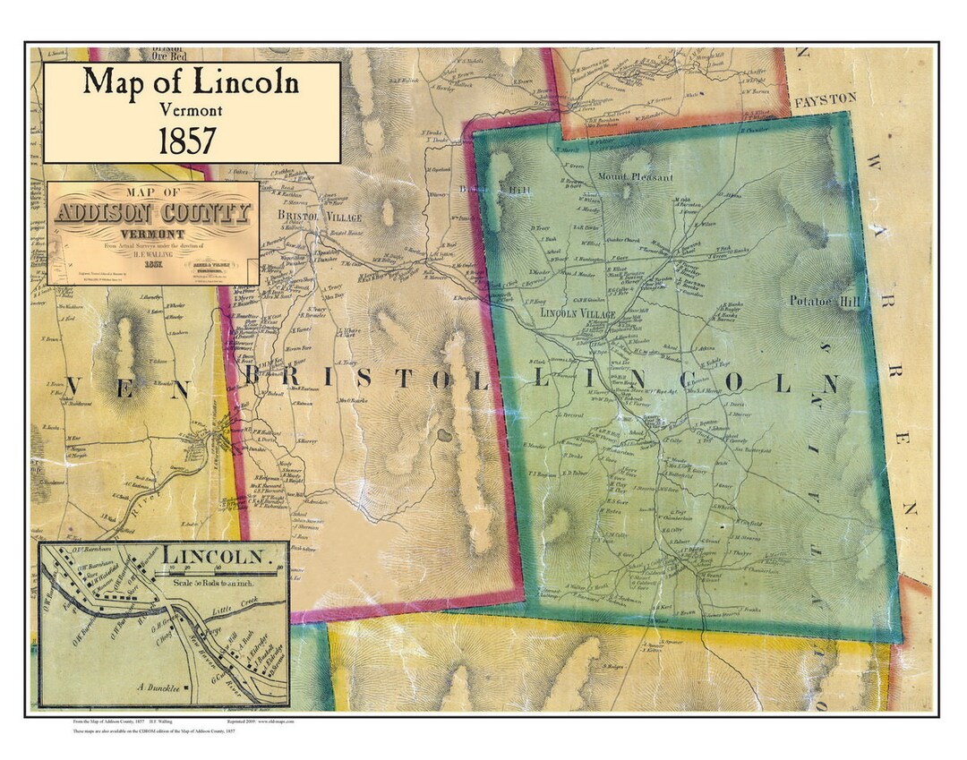Lincoln 1857 Old Town Map With Homeowner Names Vermont Reprint Addison ...