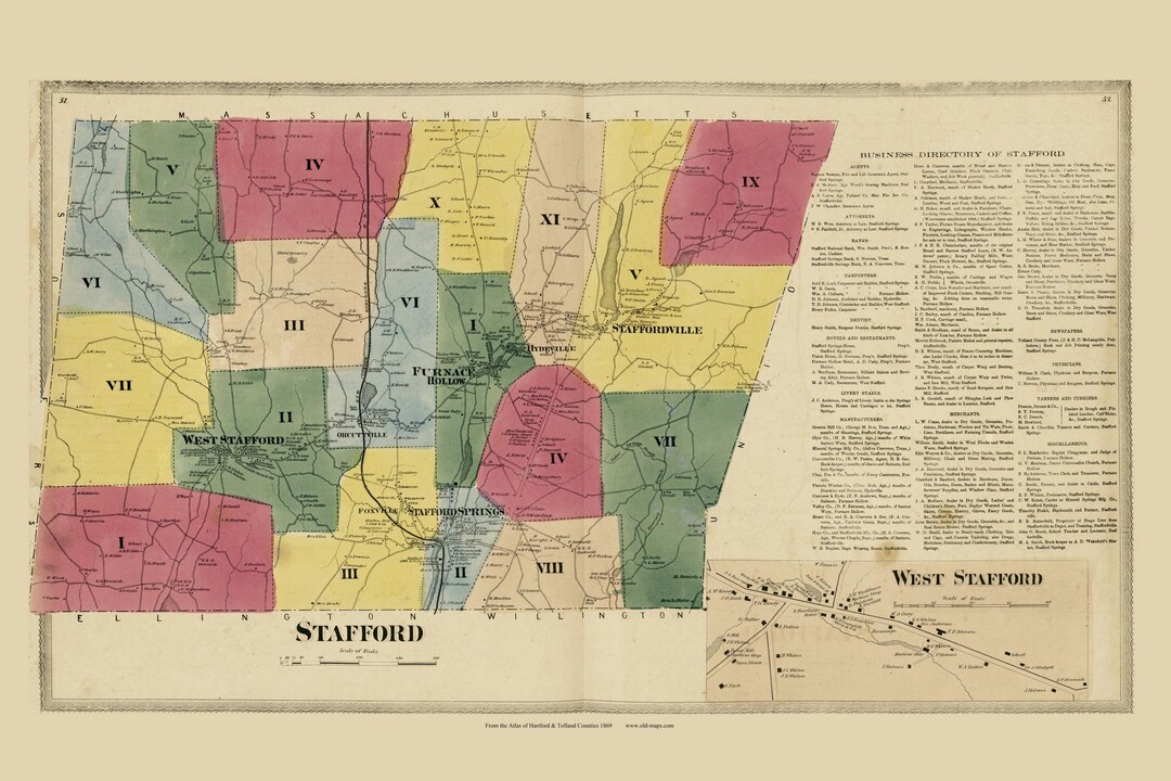 Stafford 1869 Old Town Map With Homeowner Names Connecticut - Reprint ...