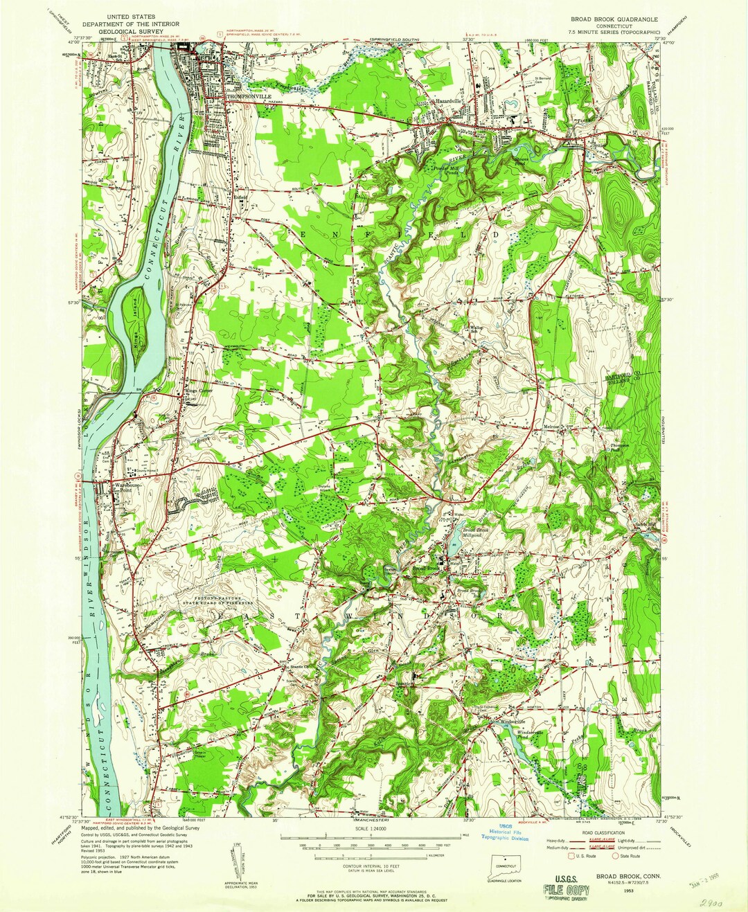 Broad Brook 1953 Old Topo Map Enfield, Scantic River, East Windsor 7x7 ...