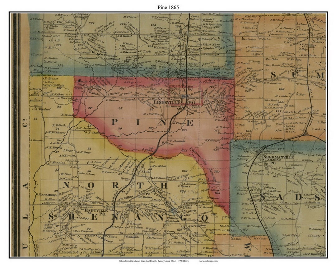 Pine 1865 Old Town Map With Homeowner Names - Pennsylvania - Reprint ...