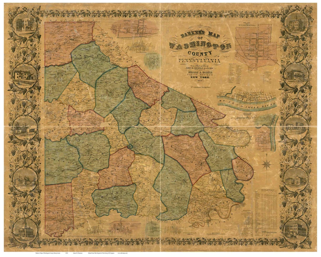 Washington County Pennsylvania 1856 - Wall Map With Homeowner Names ...