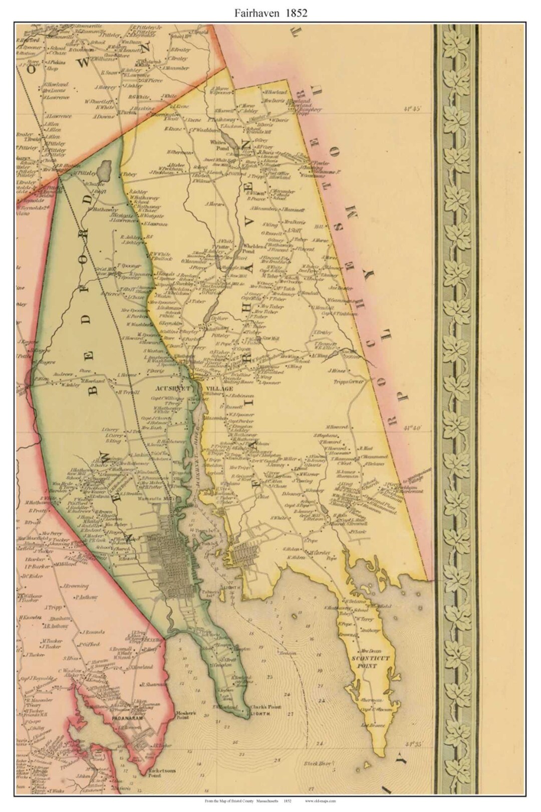 Fairhaven 1852 Old Town Map With Homeowner Names Massachusetts ...