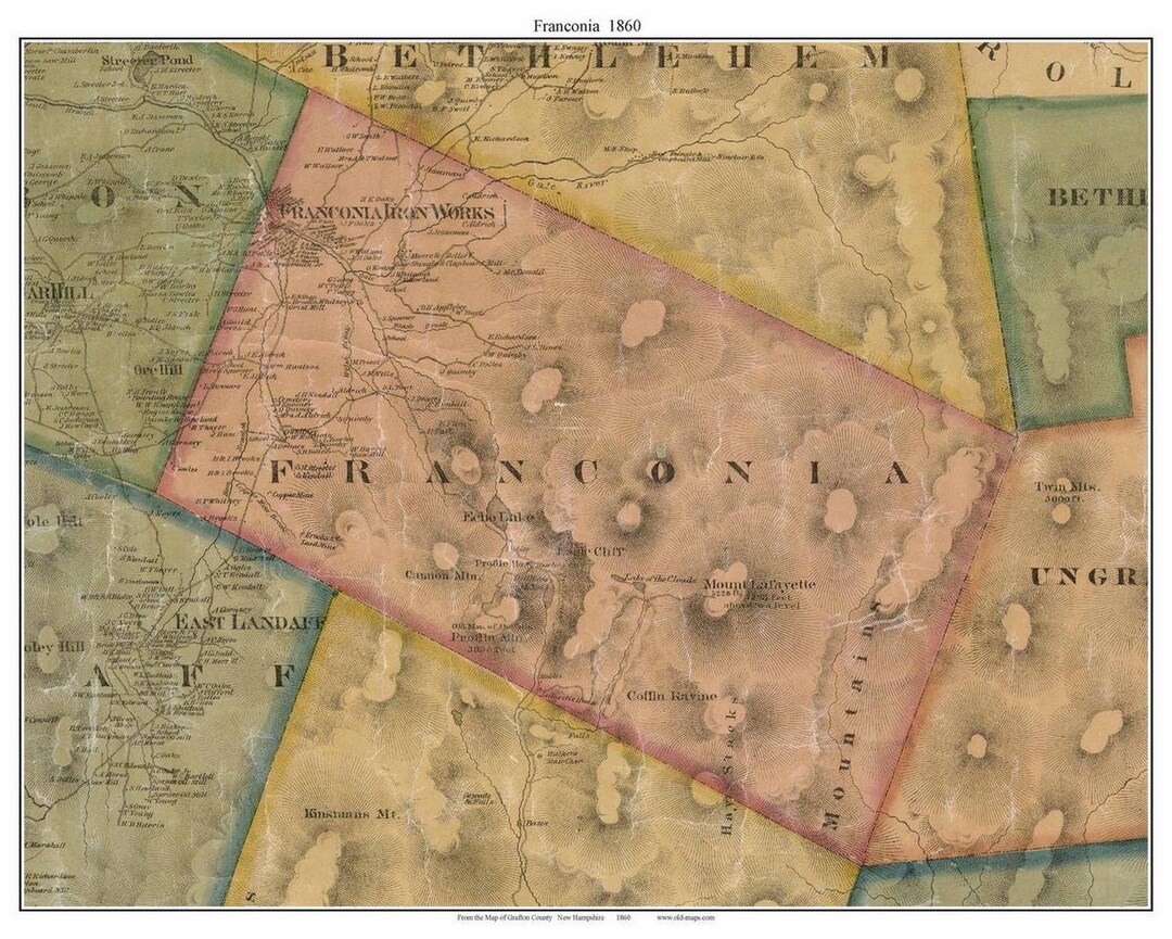 Franconia 1860 Old Town Map With Homeowner Names New Hampshire Lake of ...