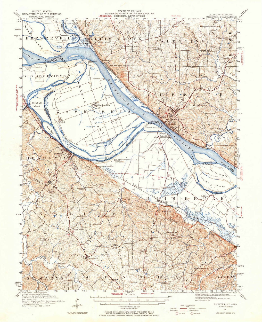 Chester 1947 1964 Old Topo Map St Mary Kaskaskia Quad Reprint 15x15 ...