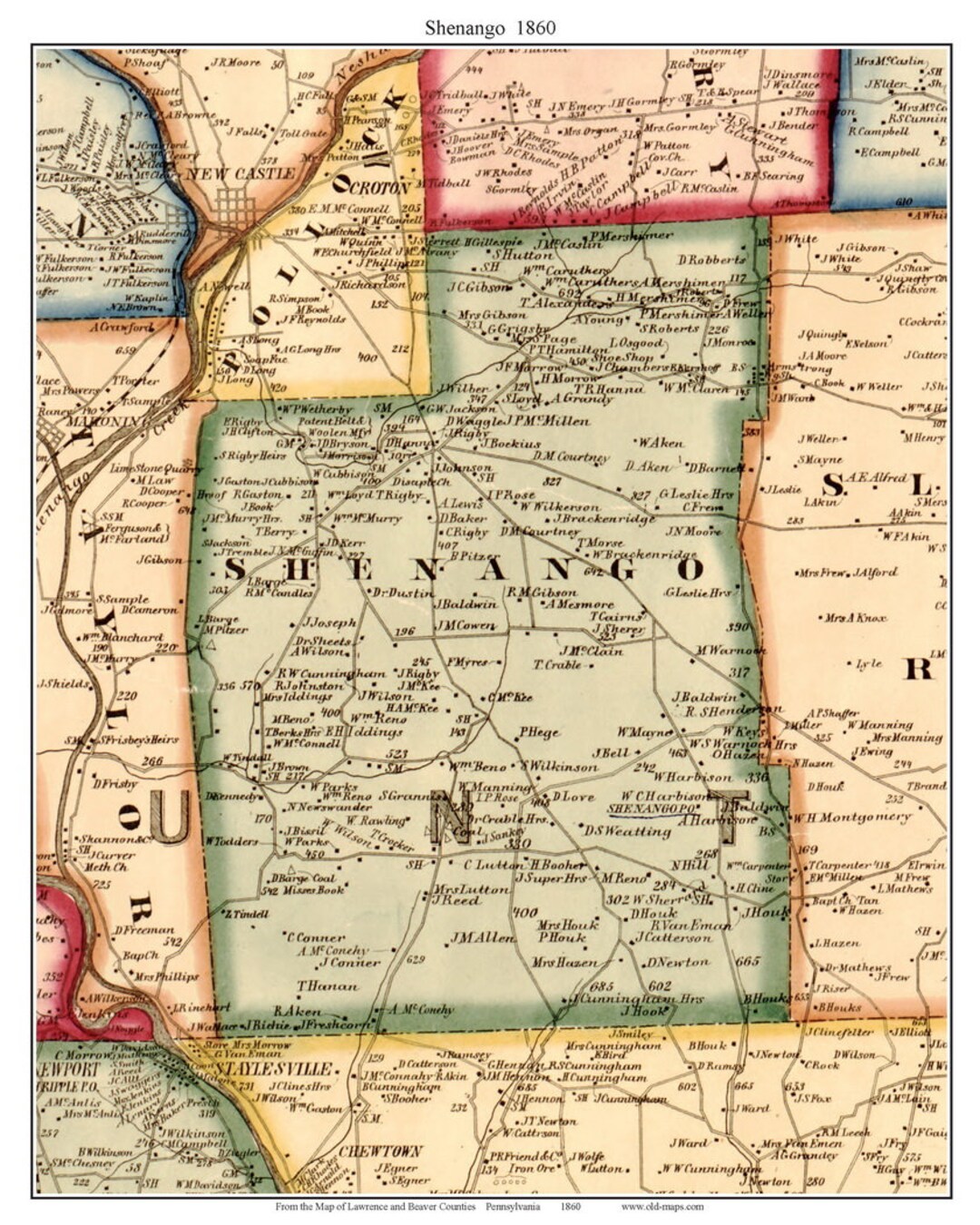 Shenango 1860 Old Town Map With Homeowner Names - Pennsylvania ...
