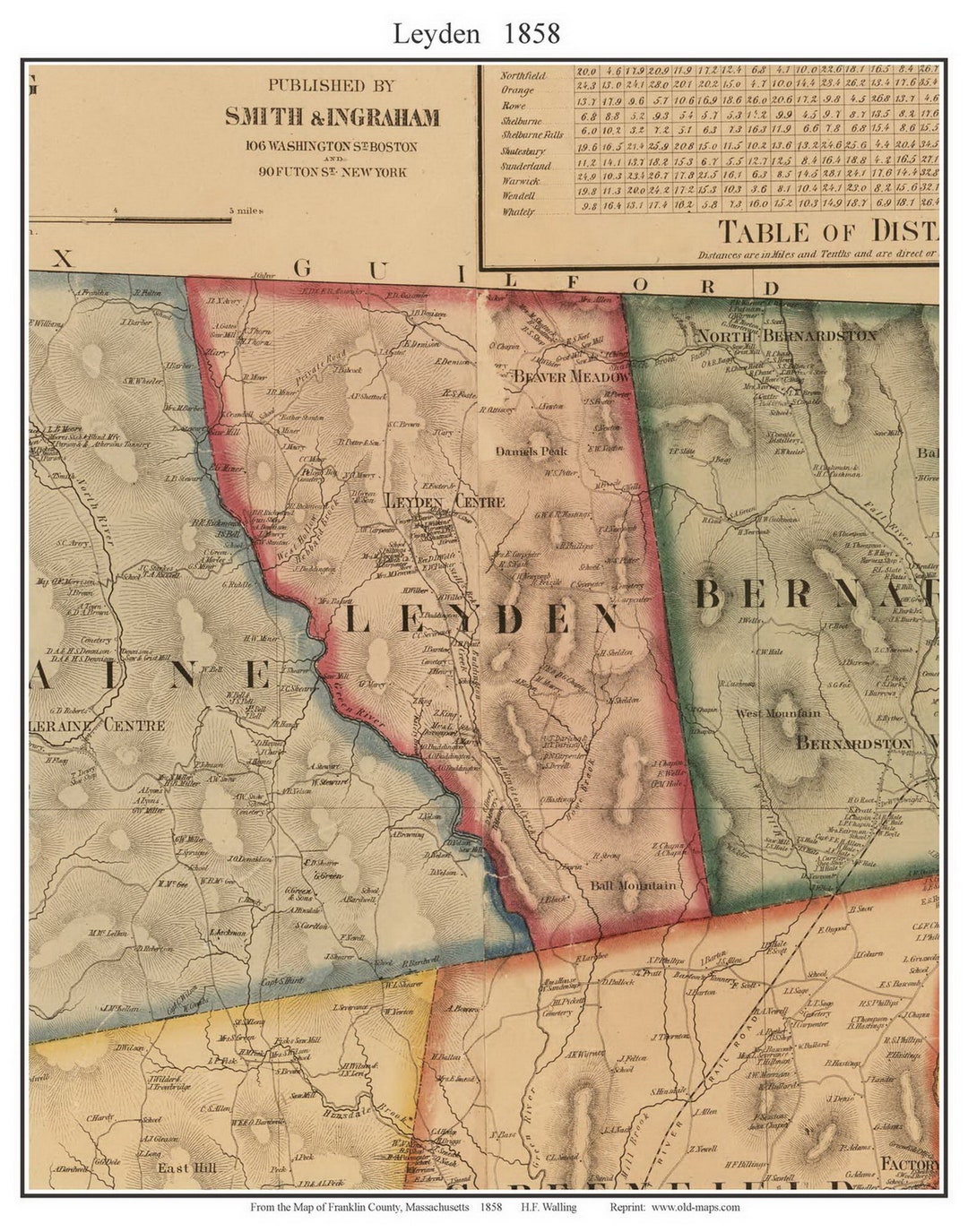 Leyden 1858 Old Town Map With Homeowner Names -massachusetts Reprint ...