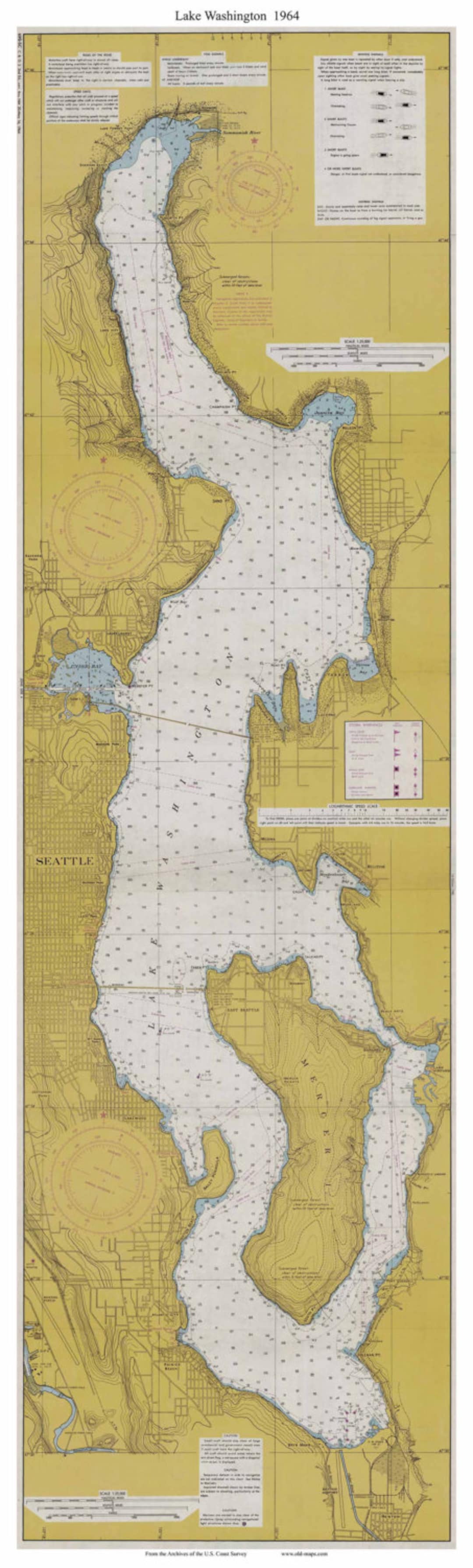 Lake Washington 1964 Nautical Map, Washington, Reprint PC Harbors Puget ...