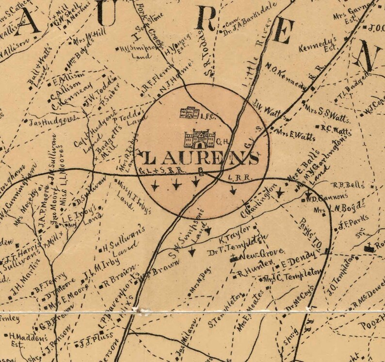 Laurens County South Carolina 1883 Wall Map With Homeowner | Etsy