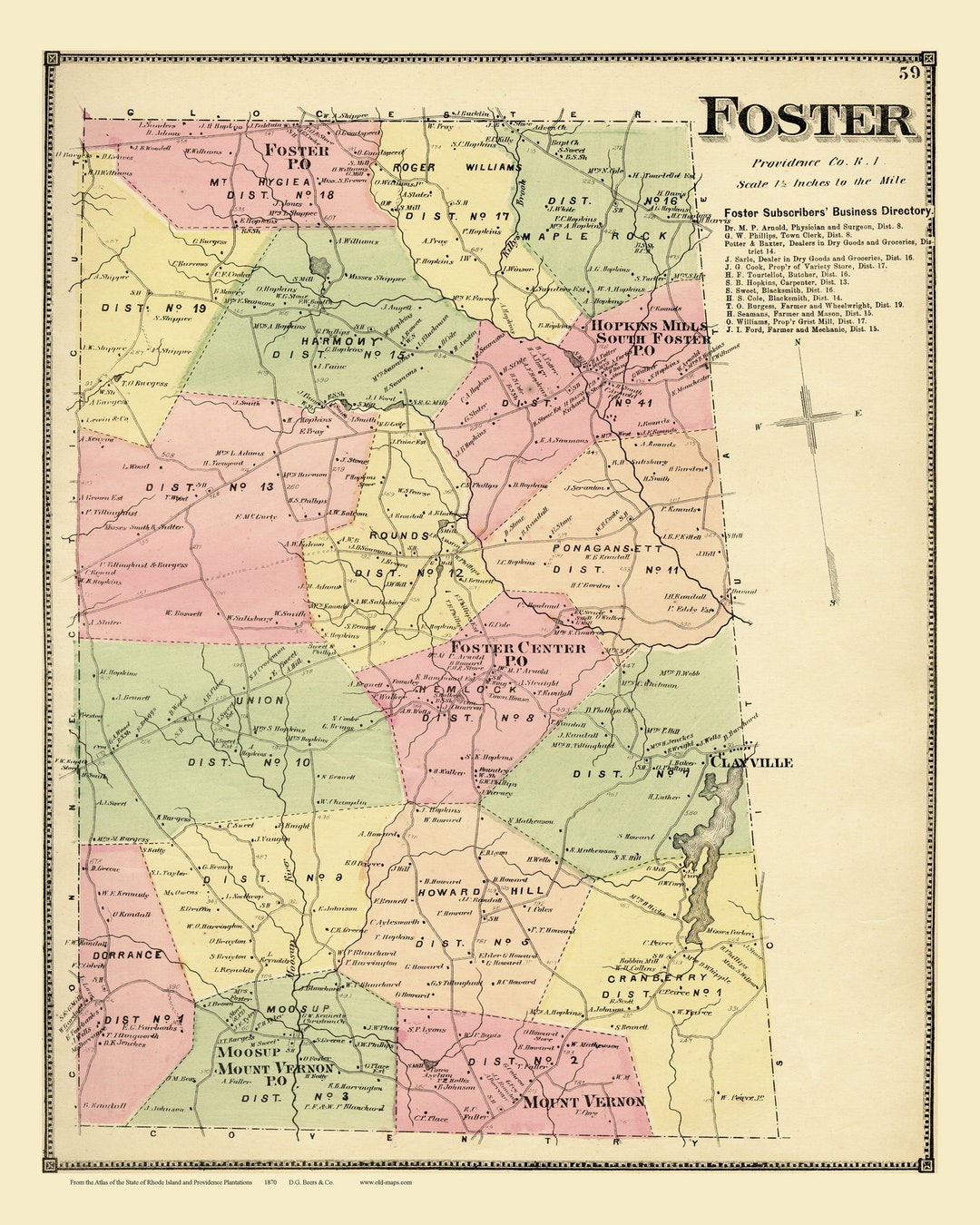 Foster Rhode Island 1870 Old Town Map Reprint With Homeowner Names ...