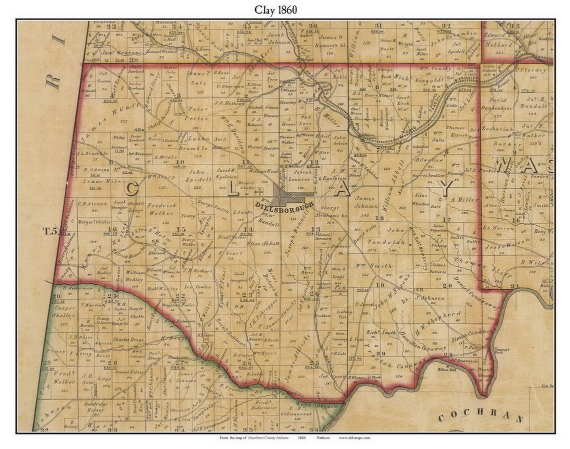 Clay 1860 Old Town Map With Homeowner Names Indiana - Etsy