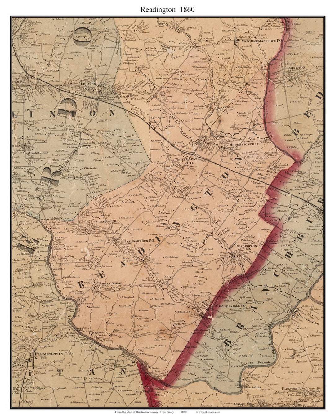 Readington 1860 Old Town Map With Homeowner Names - New Jersey ...