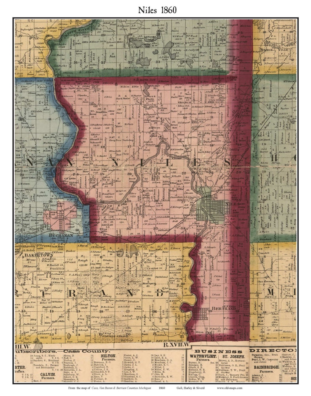 Niles 1860 Old Town Map With Homeowner Names - Bertrand - Michigan ...