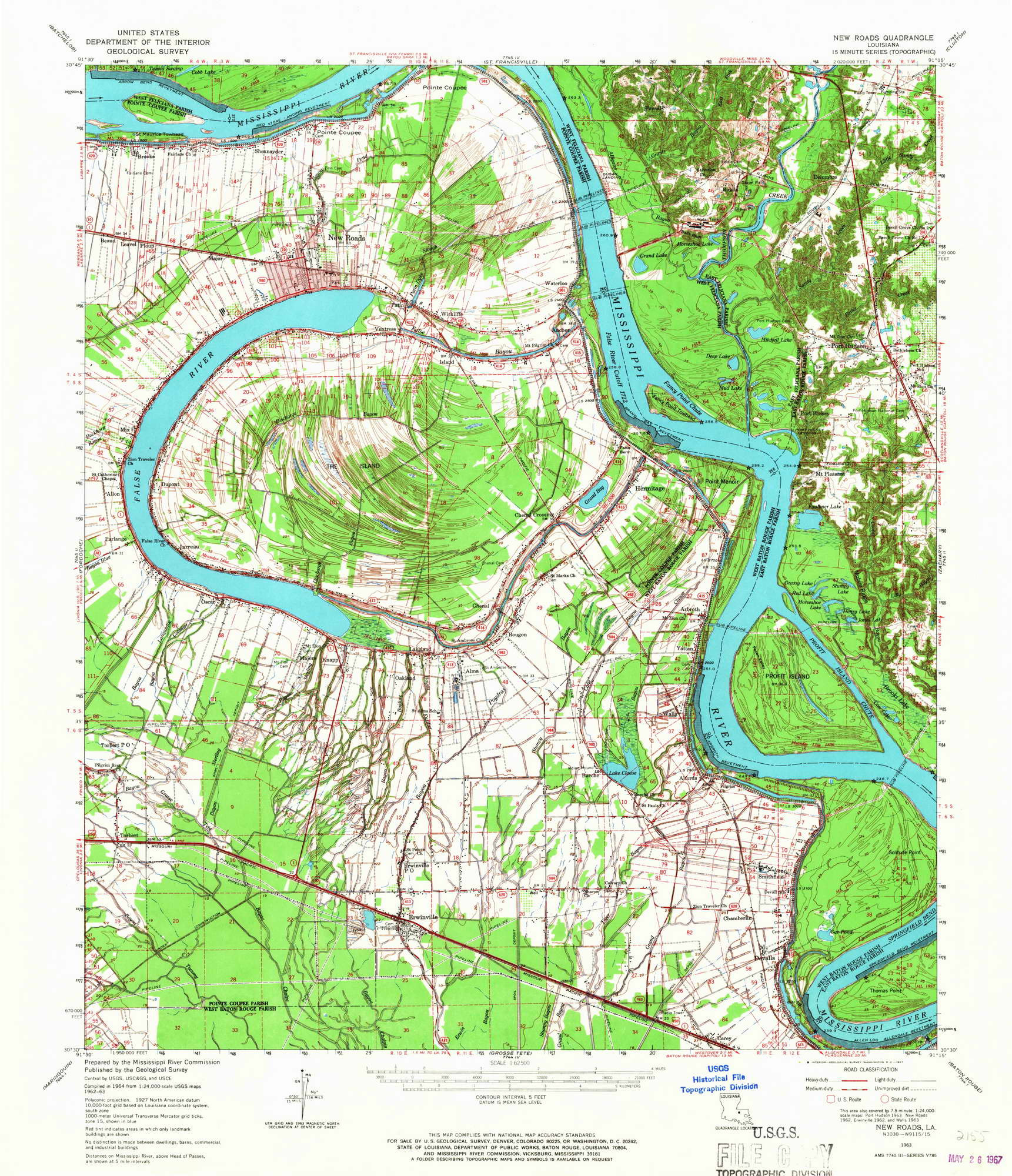 New Roads 1963 1967 Old Topo Map False River Erwinville Mississippi ...