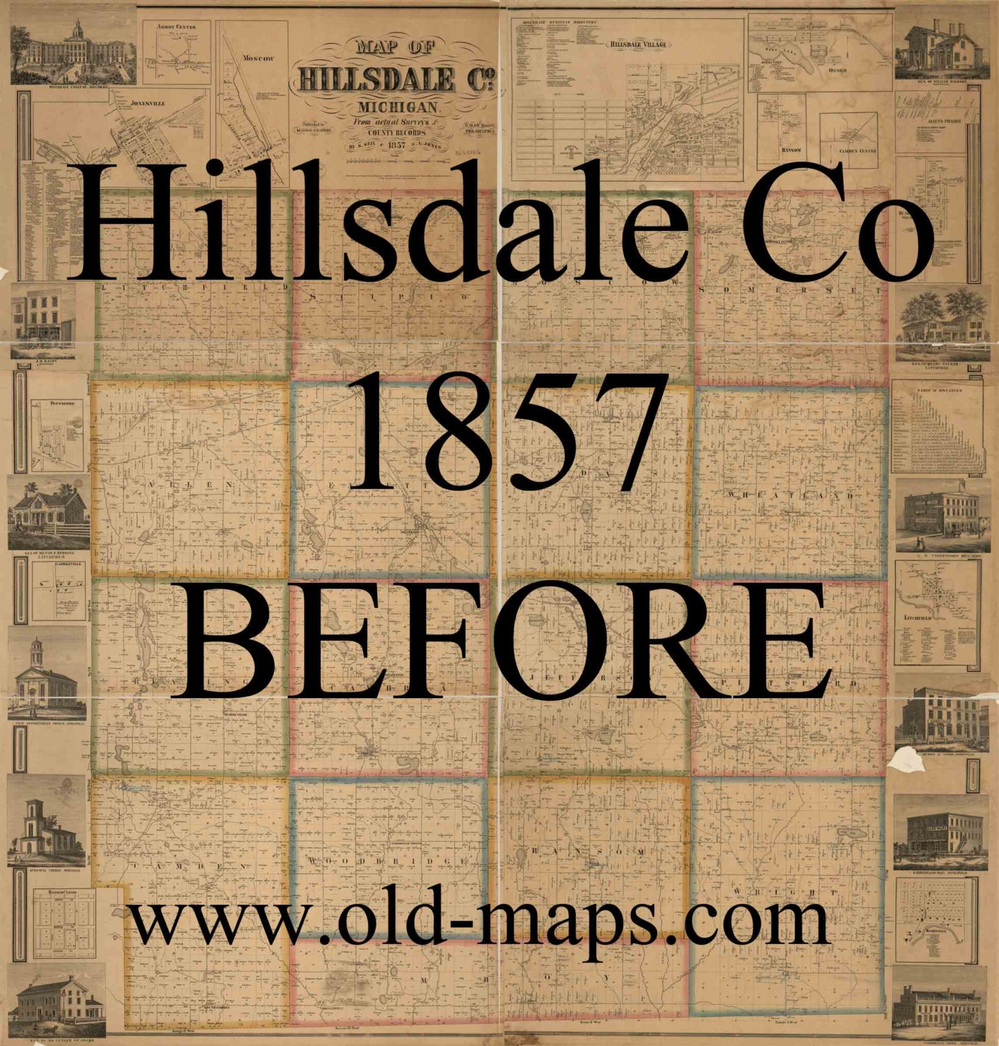 Hillsdale County Michigan 1857 Old Wall Map Reprint With - Etsy