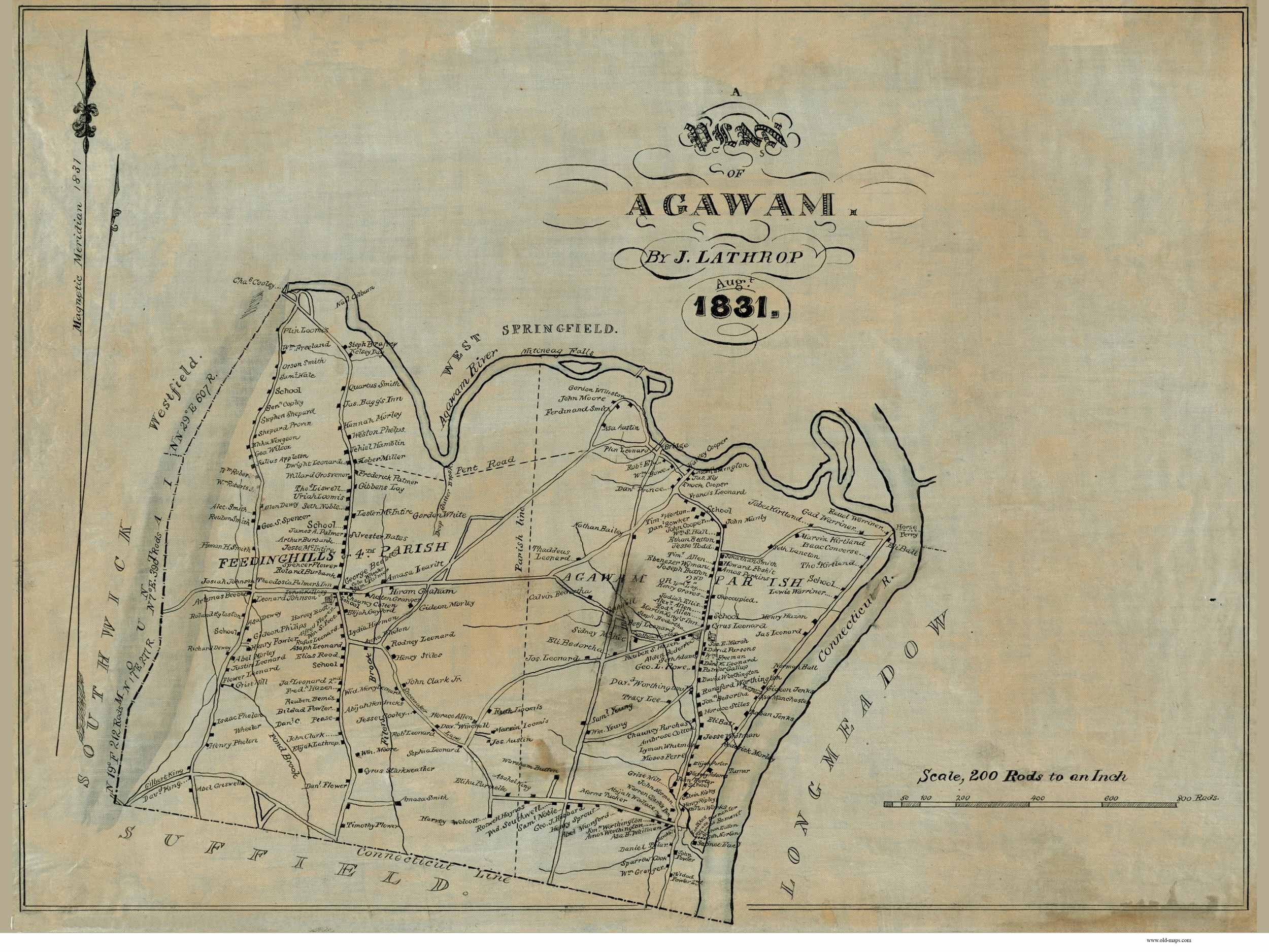 Agawam 1831 Old Town Map Homeowner Names Hampden County Massachusetts ...
