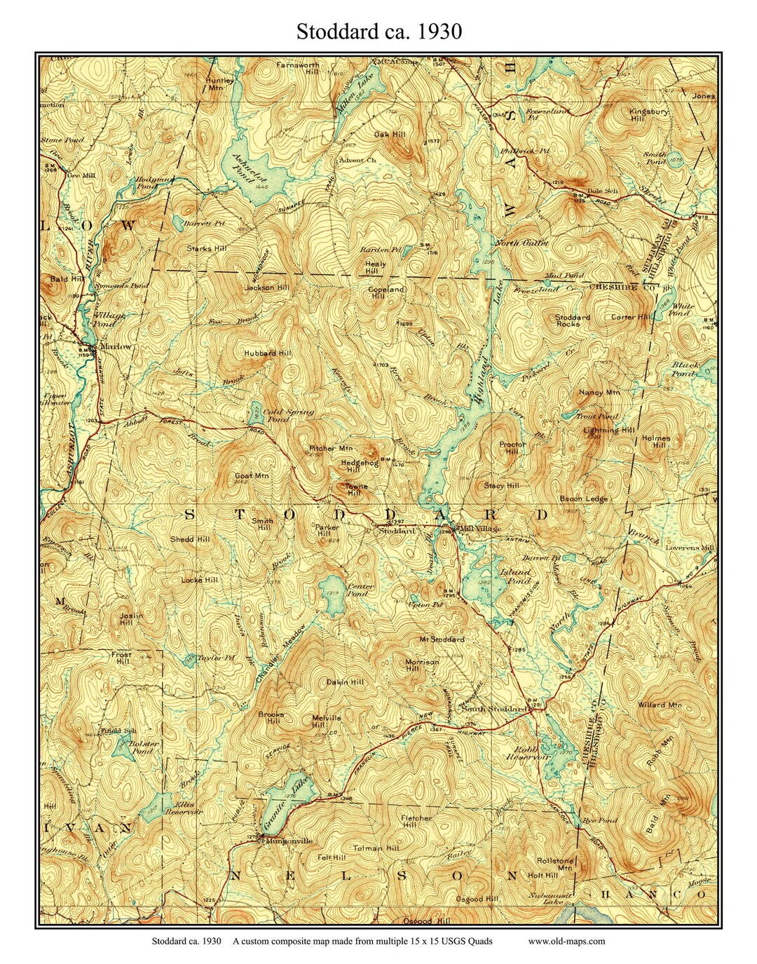 Stoddard - 1930 Old Town Map Highland Lake USGS Topographic Custom ...
