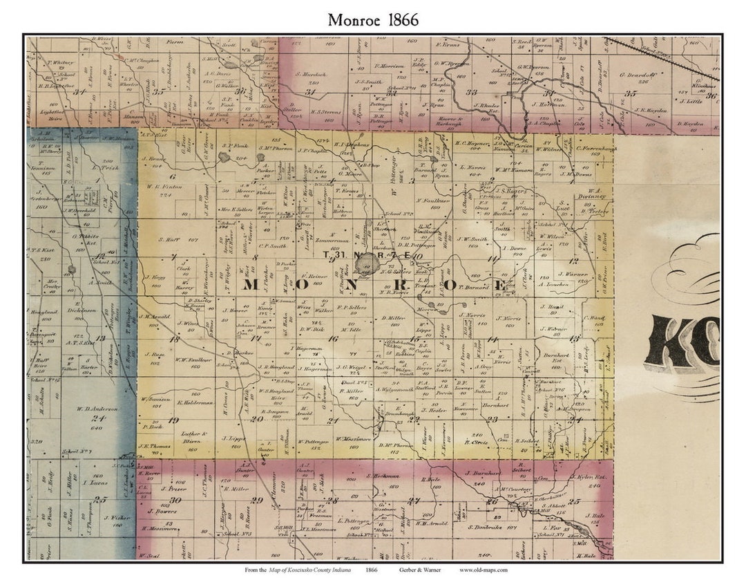 Monroe 1866 Old Town Map With Homeowner Names Indiana - Reprint ...
