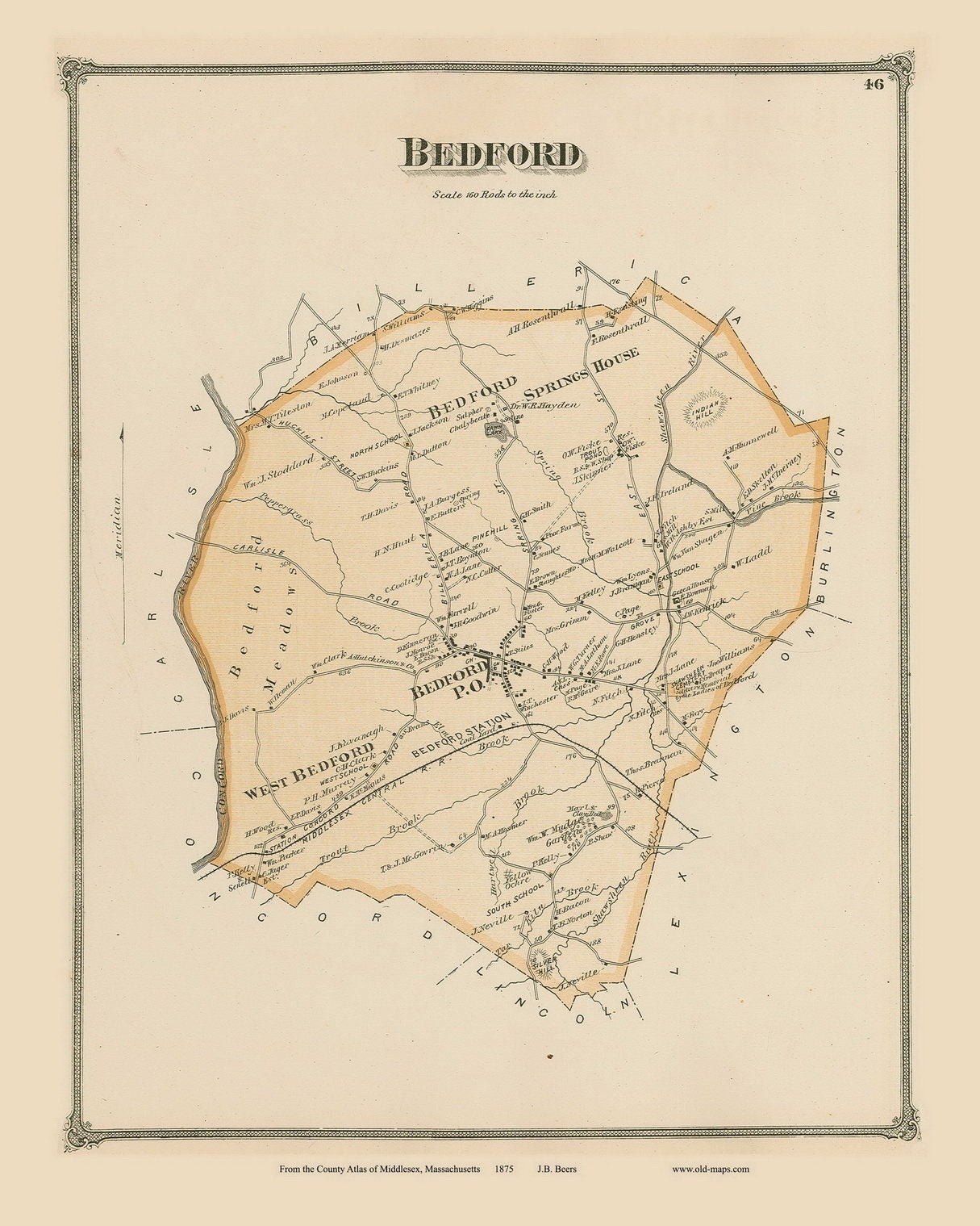Bedford 1875 Old Town Map Reprint Middlesex County, Massachusetts ...