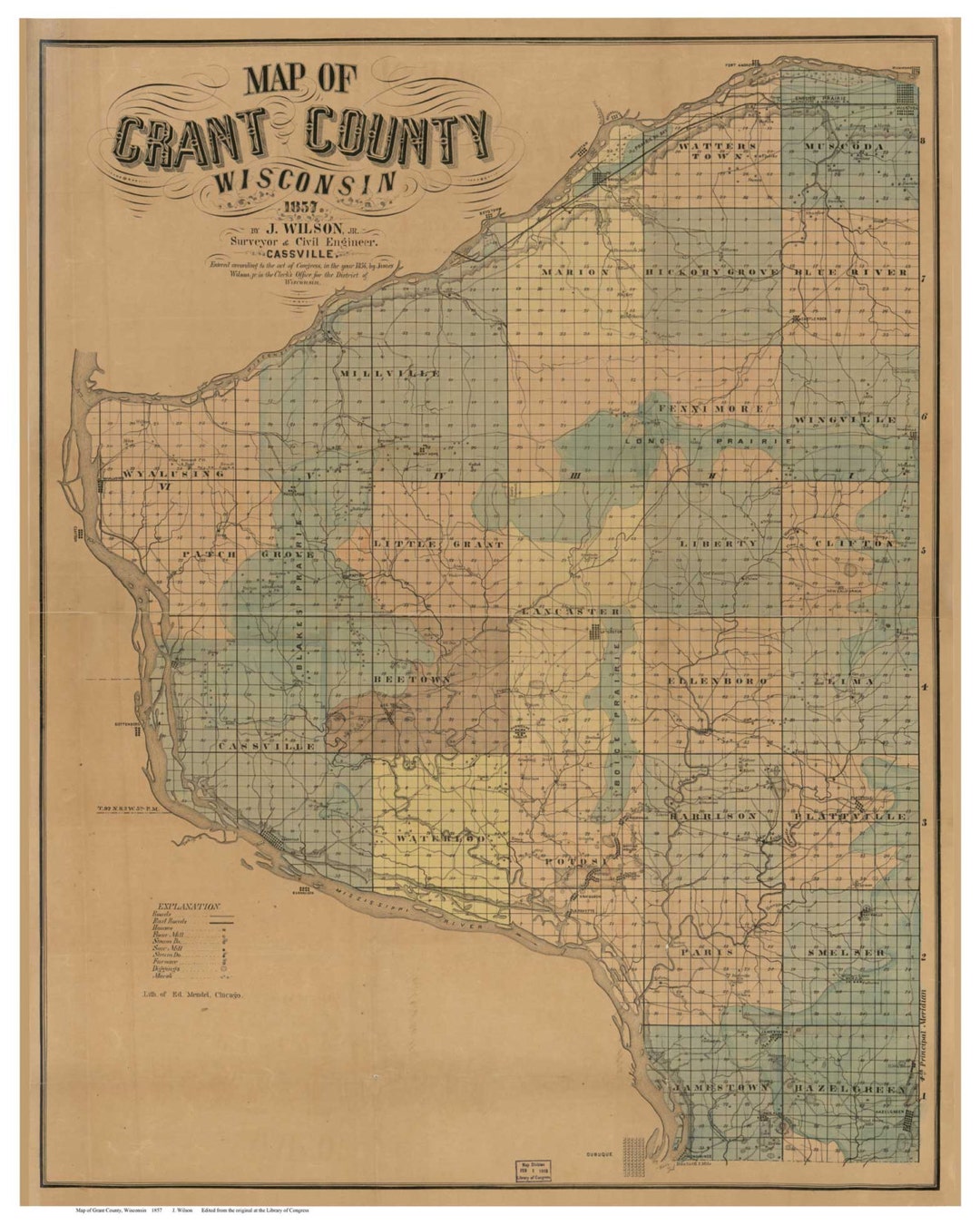 Grant County Wisconsin 1857 - Old Wall Map Reprint With Homeowner Names ...