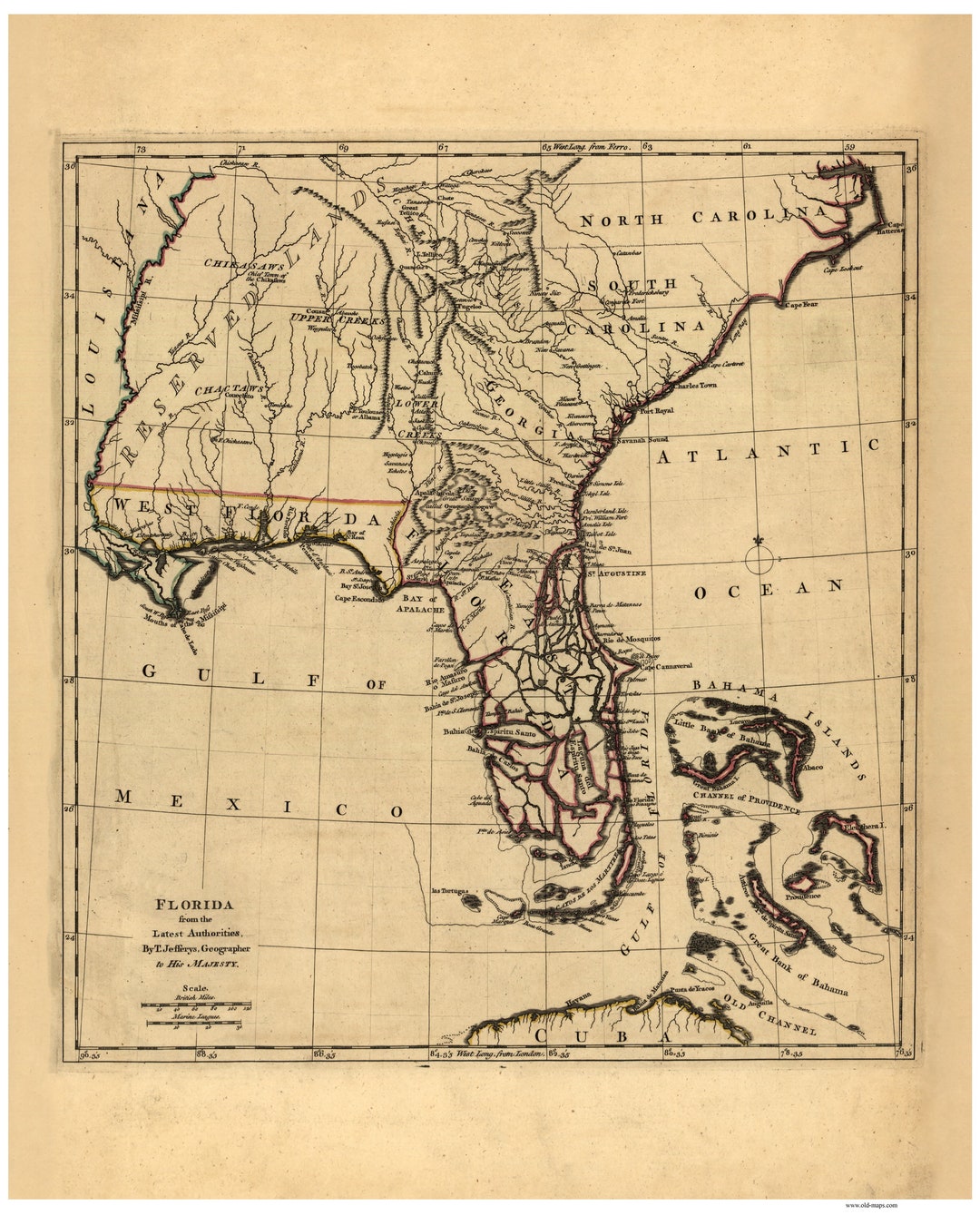 Florida and Reserved Lands - 1763 - Old Map Reprint USA 1768 Atlas 39 ...