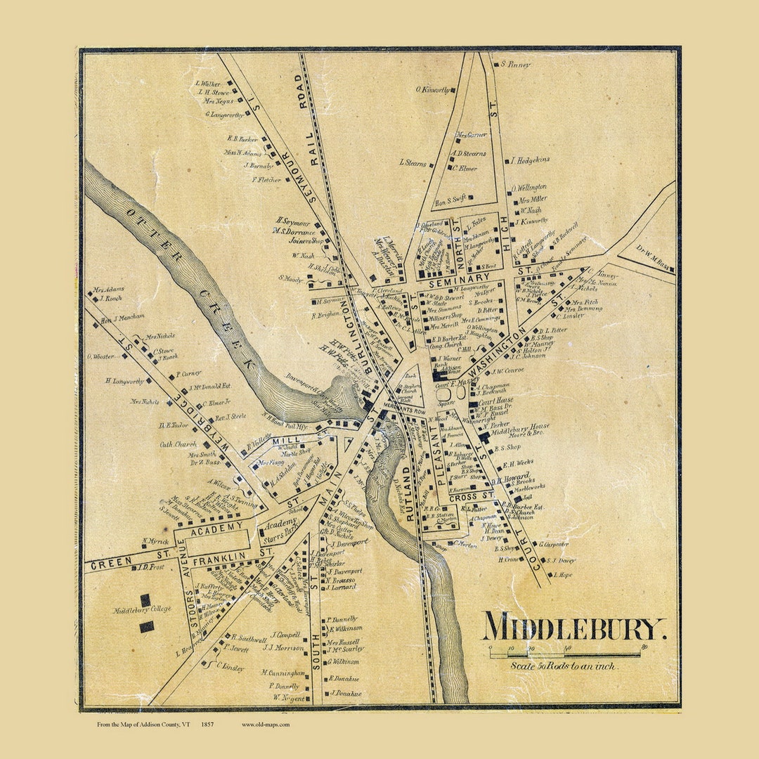 Middlebury Village 1857 Old Town Map With Homeowner Names Vermont ...